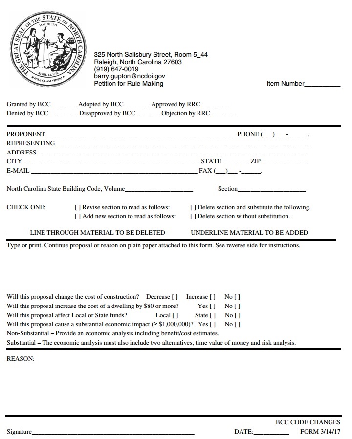 APPENDIX C CODE CHANGE PROPOSAL NORTH CAROLINA BUILDING CODE COUNCIL ...