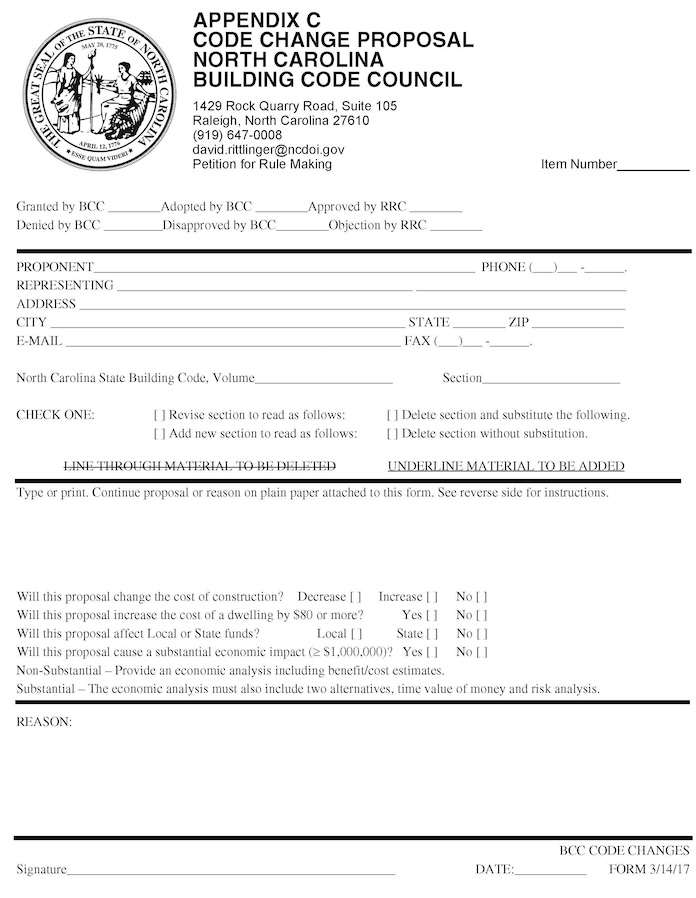 APPENDIX C CODE CHANGE PROPOSAL NORTH CAROLINA BUILDING CODE COUNCIL ...